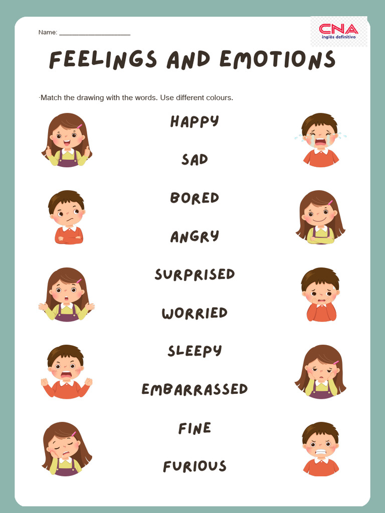 Feelings and Emotions Vocabulary Educational Worksheet in Green Orange ...