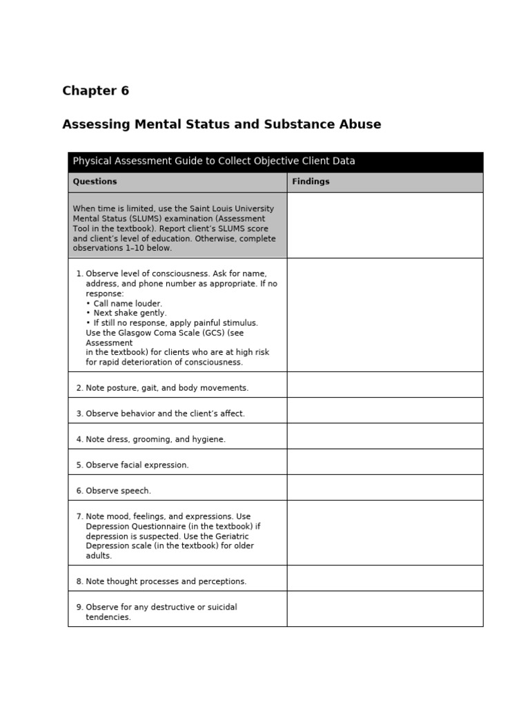 Mental Status and Substance Abuse Checklist | PDF