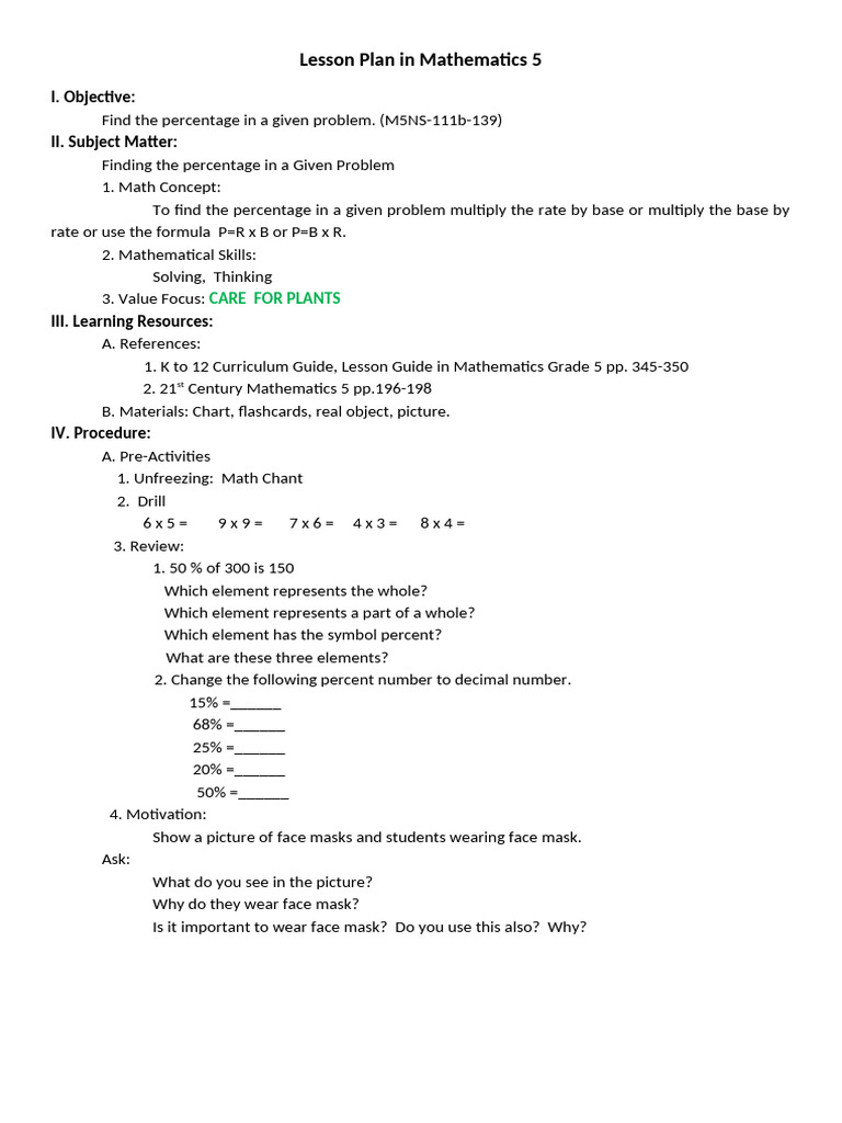 COT PLAN in Mathematics 5 1 | PDF | Percentage | Mathematics