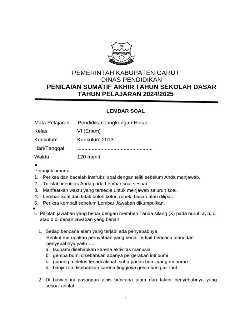 Soal PLH - PSAT - Kls 6 - 2025 - K-13 | PDF