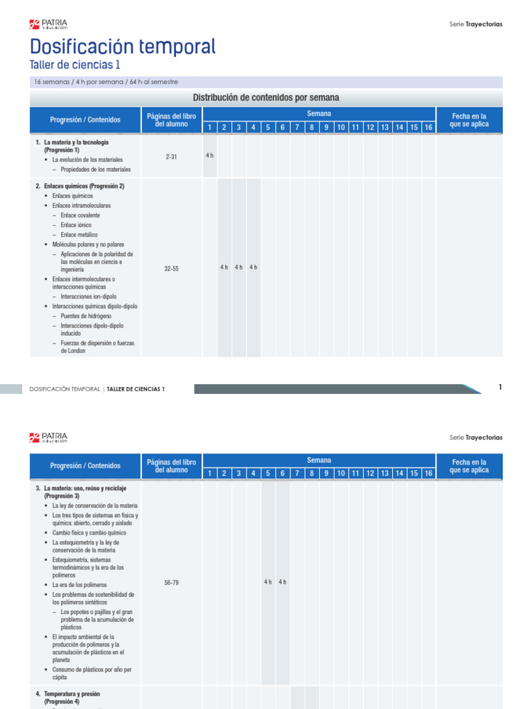 Dosificación Taller Ciencias 1: 16 Semanas | PDF | Enlace químico ...