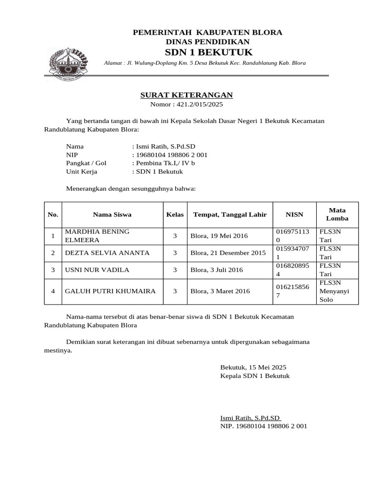 Surat Keterangan Fls3n 2025 | PDF