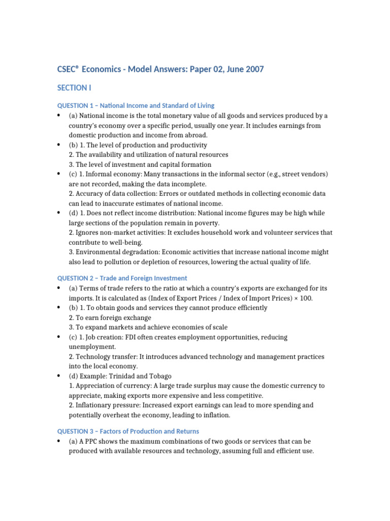 CSEC Economics June2007 Paper02 Model Answers | PDF | Economic ...