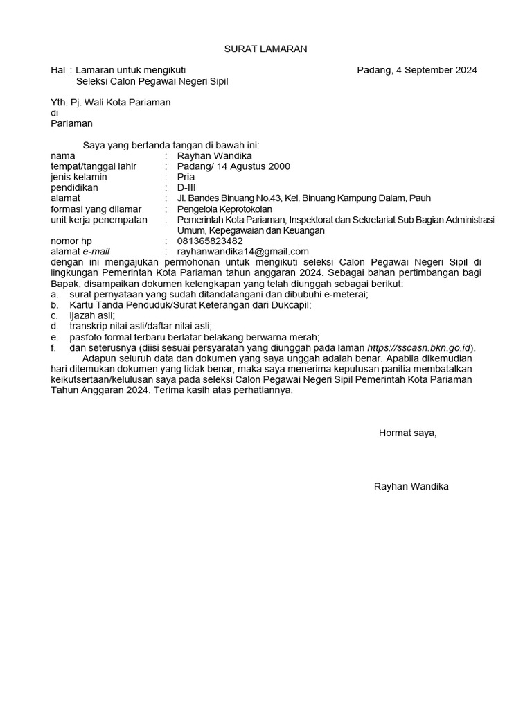 SURAT LAMARAN Rayhan | PDF
