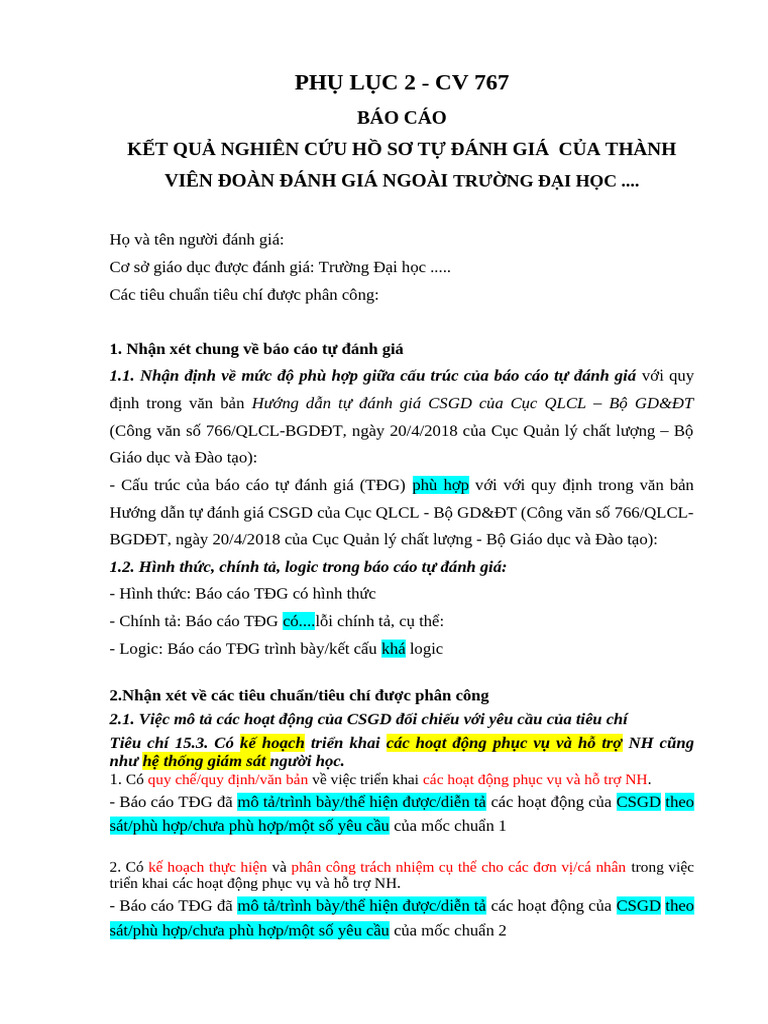 Mau Phu Luc 2 - CV 767 - Nhan Xet BC TDG CSGD | PDF