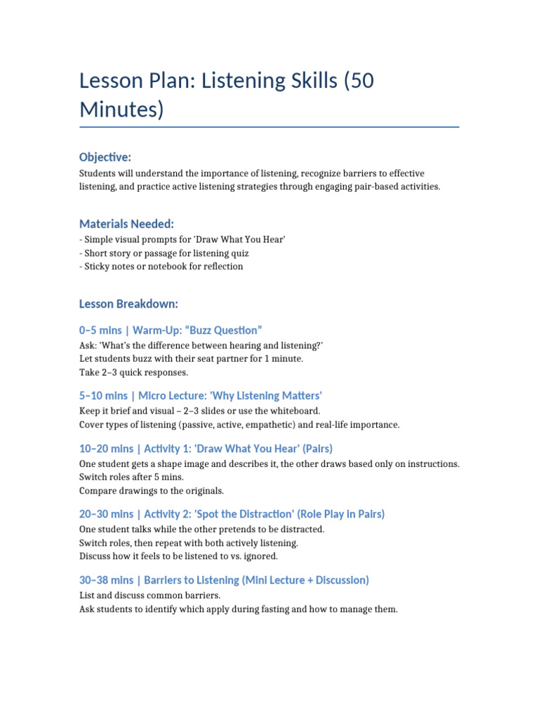 Listening Skills Lesson Plan | PDF | Learning | Human Communication