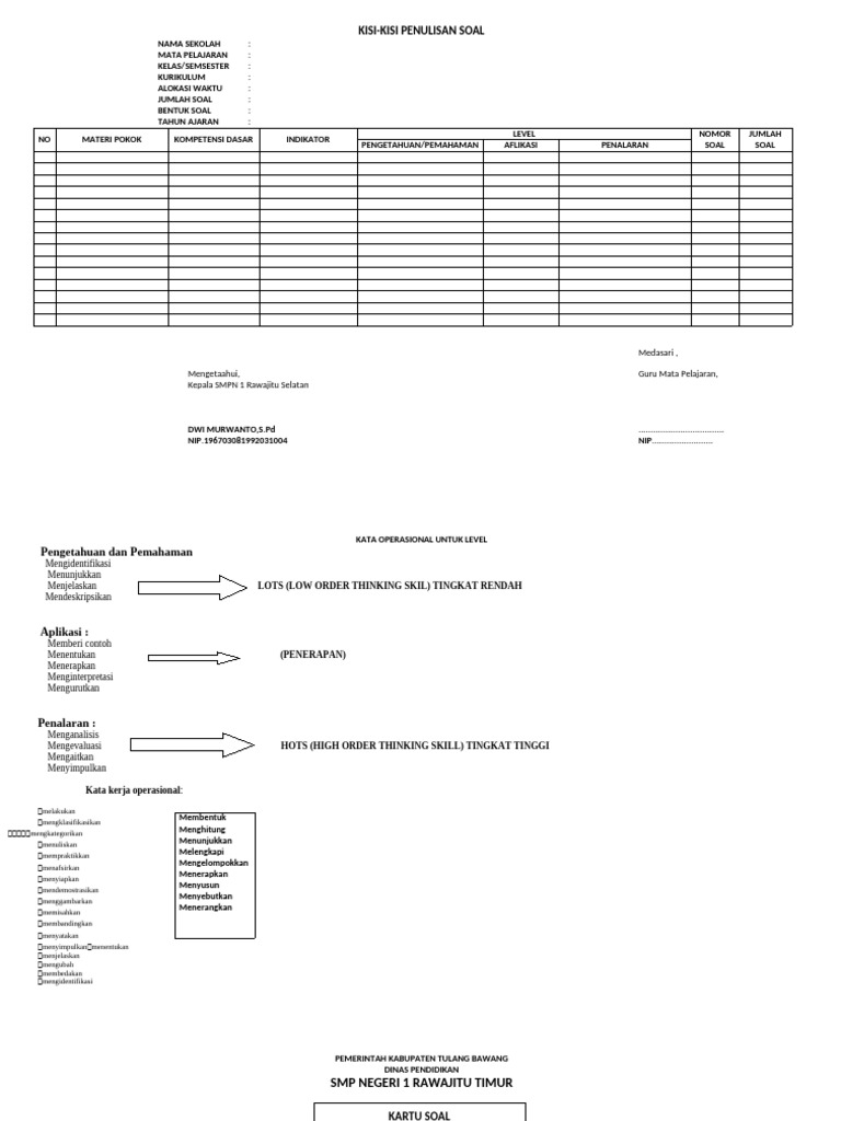 Contoh Blangko Kisi-kisi Dan Kartu Soal | PDF