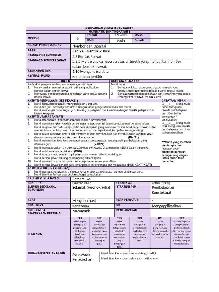RPH Minggu 6 Matematik SMK Tingkatan 3 2025 | PDF