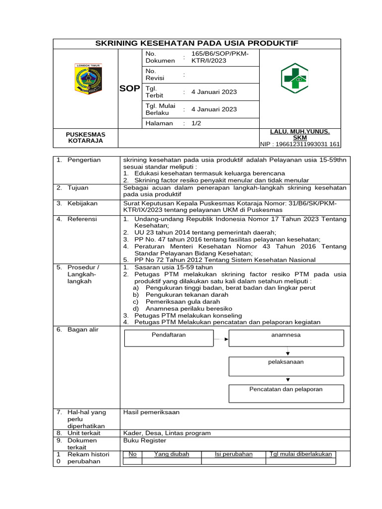 Sop Skrining Kesehatan Pada Usia Produktif | PDF