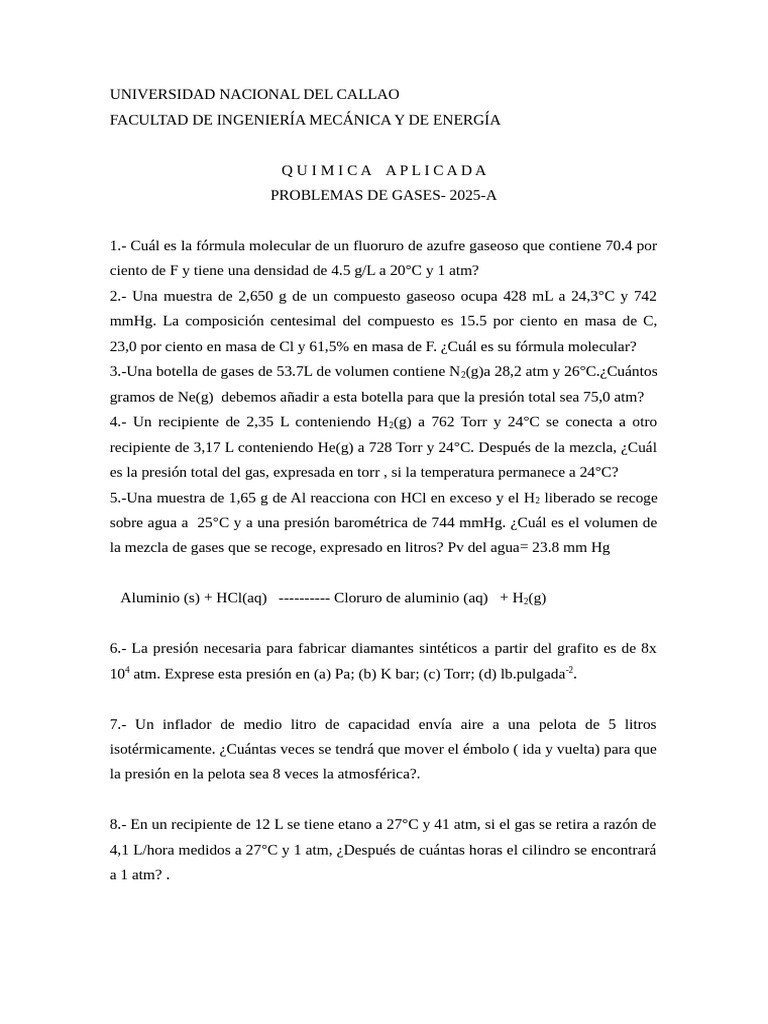 PROBLEMAS GASES 2025 A | PDF | Gases | Oxígeno