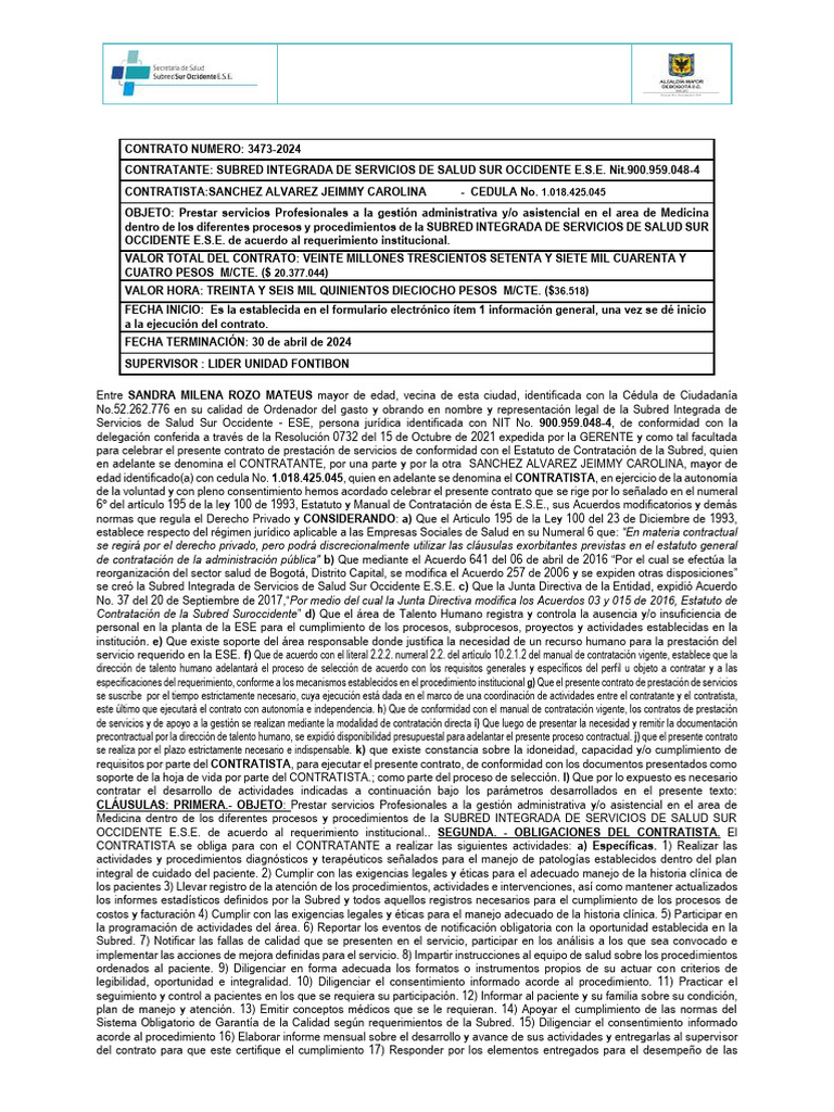 Condiciones Contractuales: "En Materia Contractual de Contratación de La Administración Pública ...