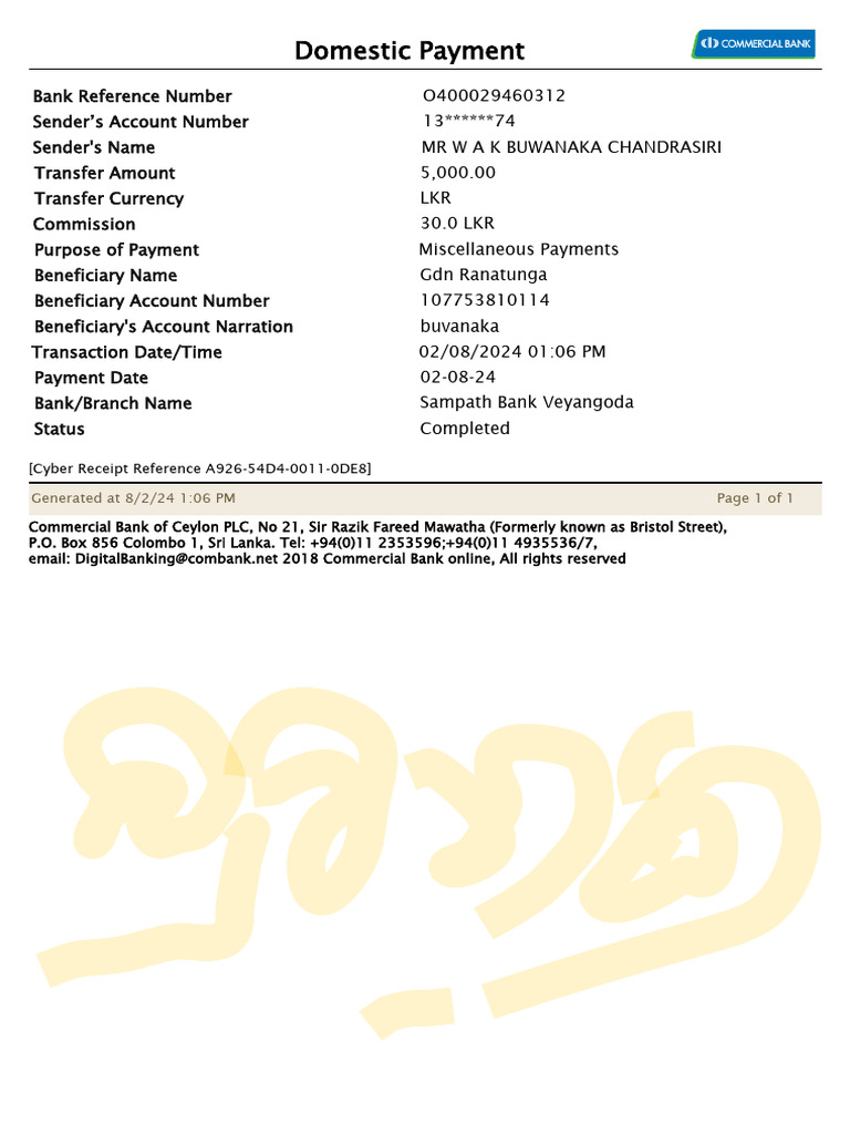 Cyber Receipt for Domestic Payment | PDF