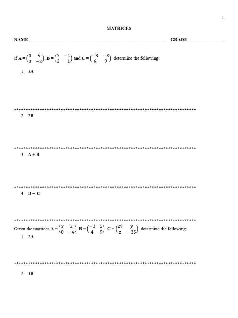 Grade 9 Matrix Operations Worksheet | PDF