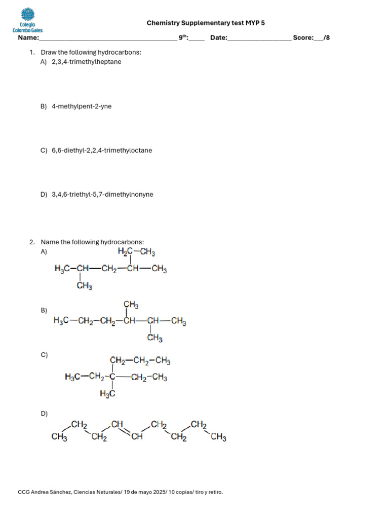 Chemistry MYP 5 Supplementary Test | PDF