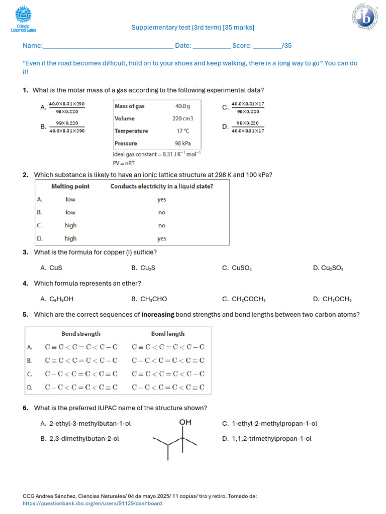 Supplementary Test (3rd Term) | PDF | Chemical Bond | Gases