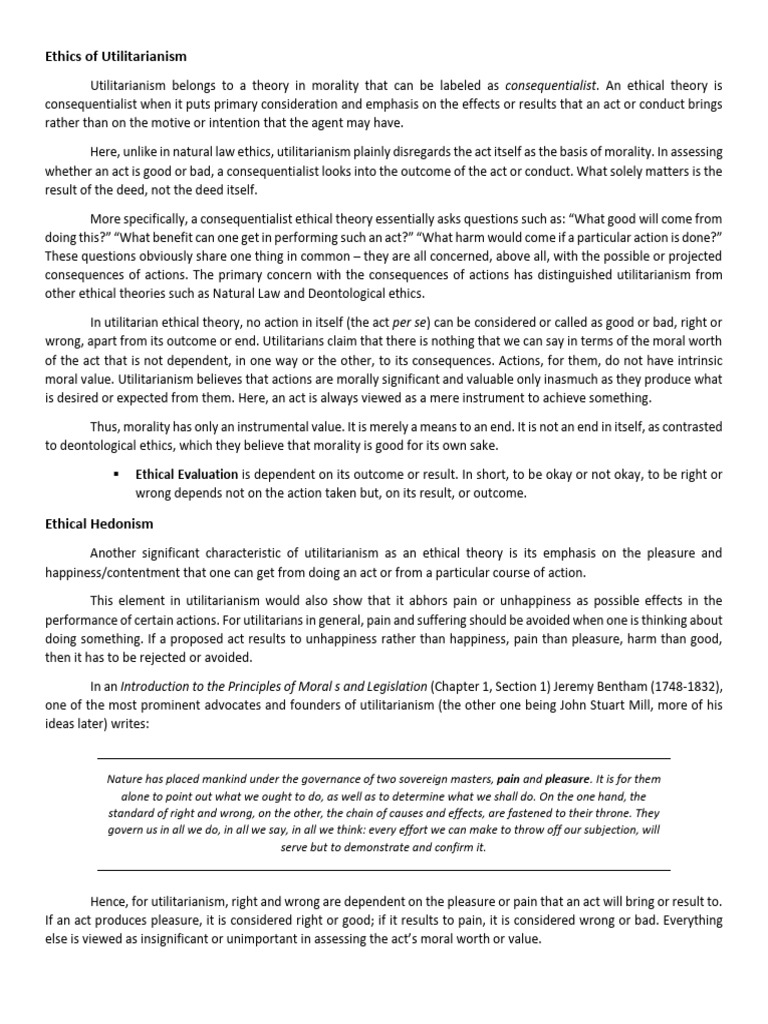 Handout 9 Utilitarianism 1 | PDF | Utilitarianism | Hedonism