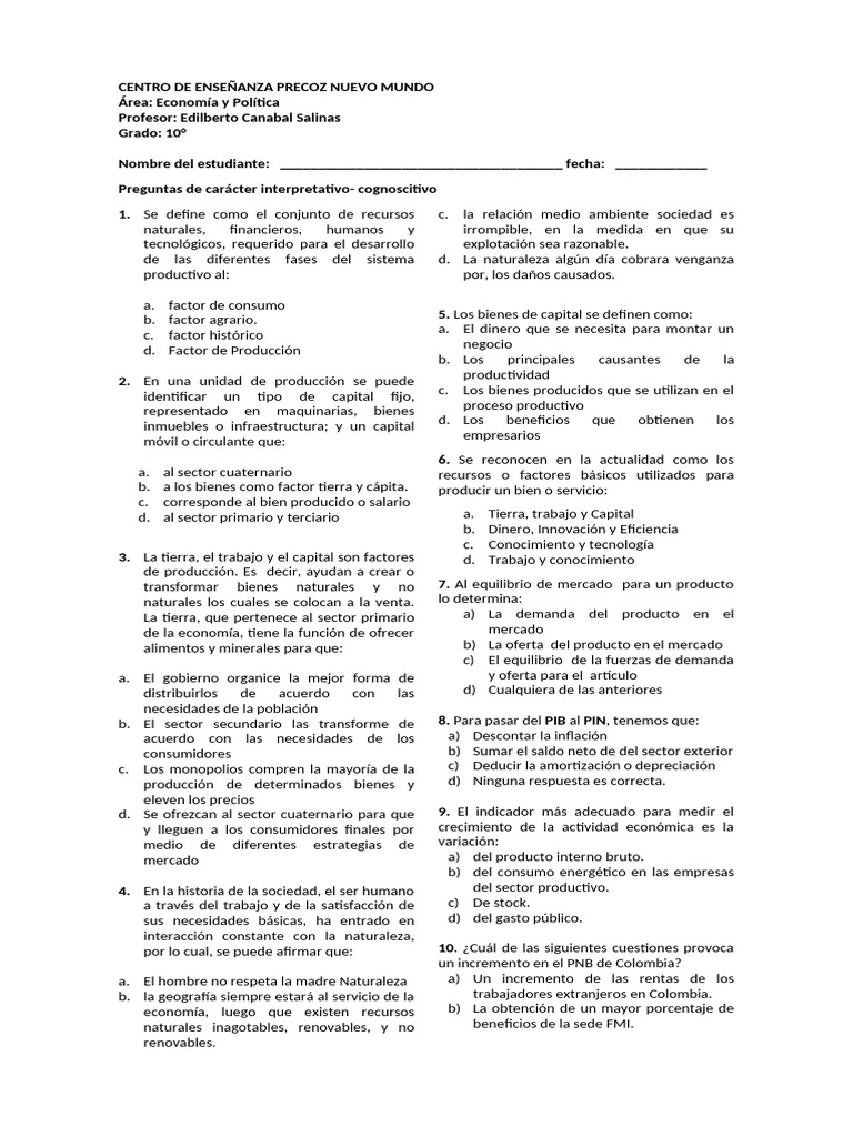 Examen Grado Decimo II | PDF | Producto Interno Bruto | Capital (economía)