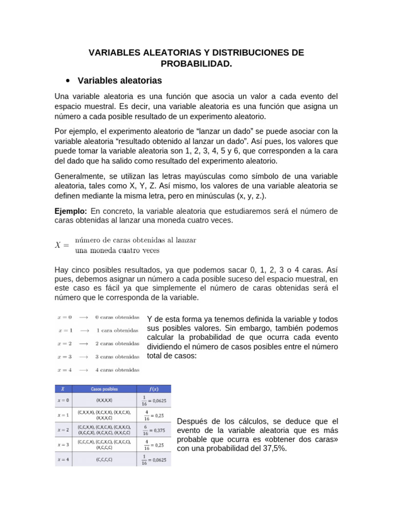 VARIABLES ALEATORIAS Y DISTRIBUCIONES DE PROBABILIDAD | PDF | Variable aleatoria | Teoría de ...