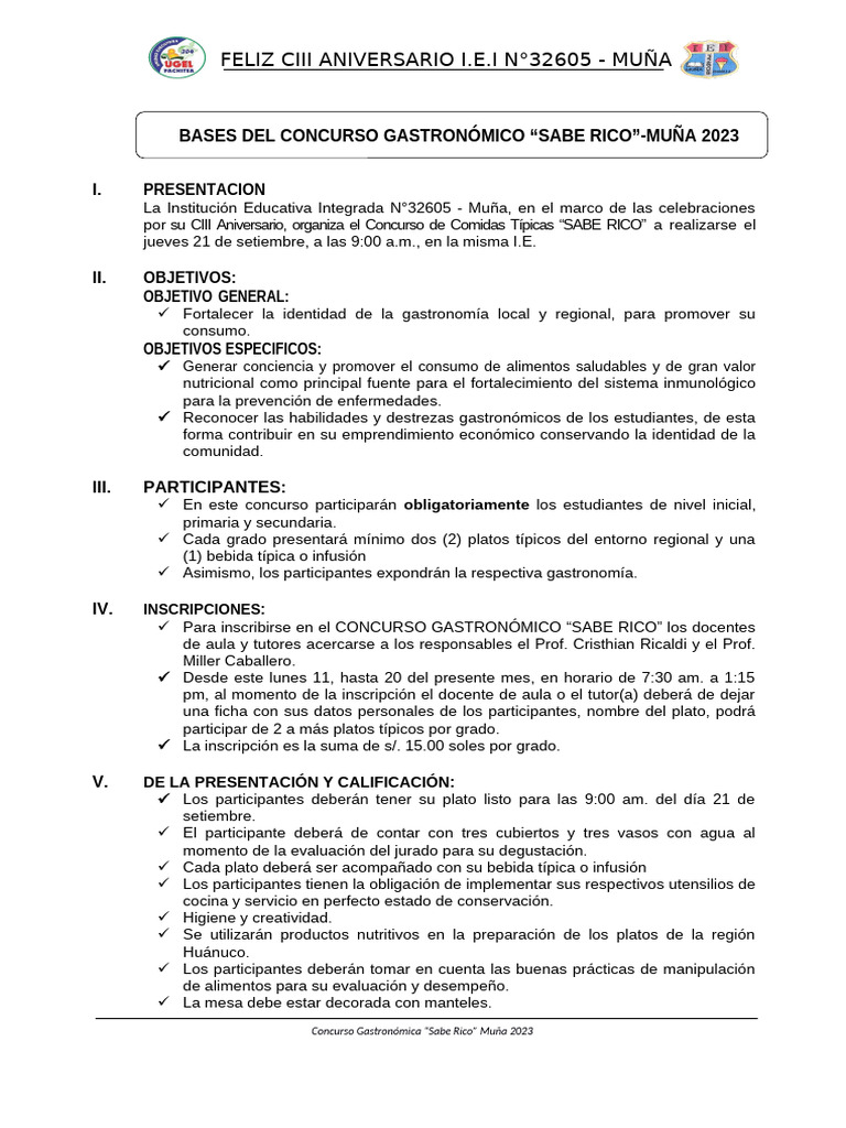 Bases Concurso Gastronomico Muña 2023 Por El Aniversario | PDF