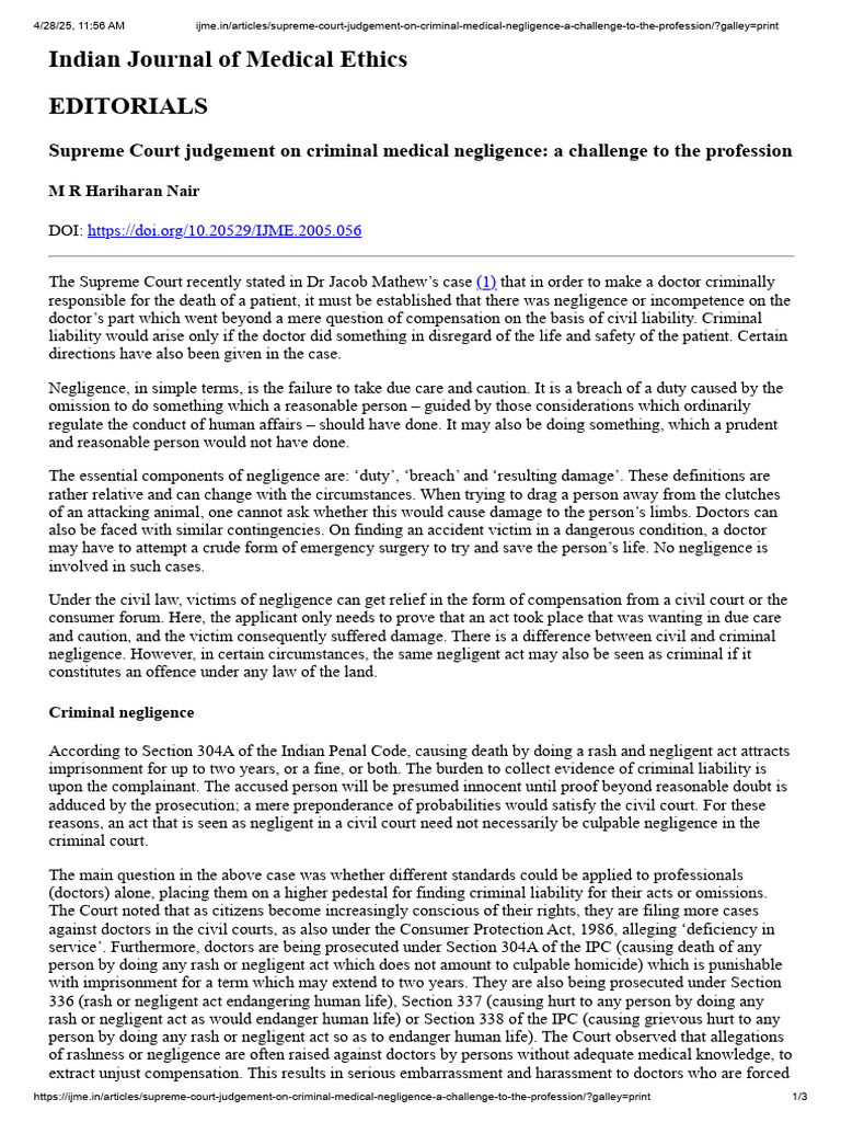 Ijme - in - Articles - Supreme Court Judgement On Criminal Medical Negligence A Challenge To The ...