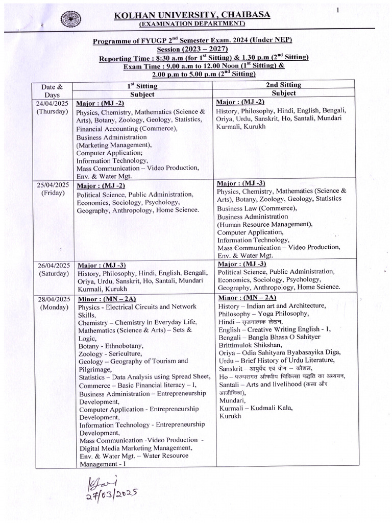 Exam Programme of FYUGP 2nd Sem. Exam. 2024 (NEP) Session 2023 - 27 | PDF