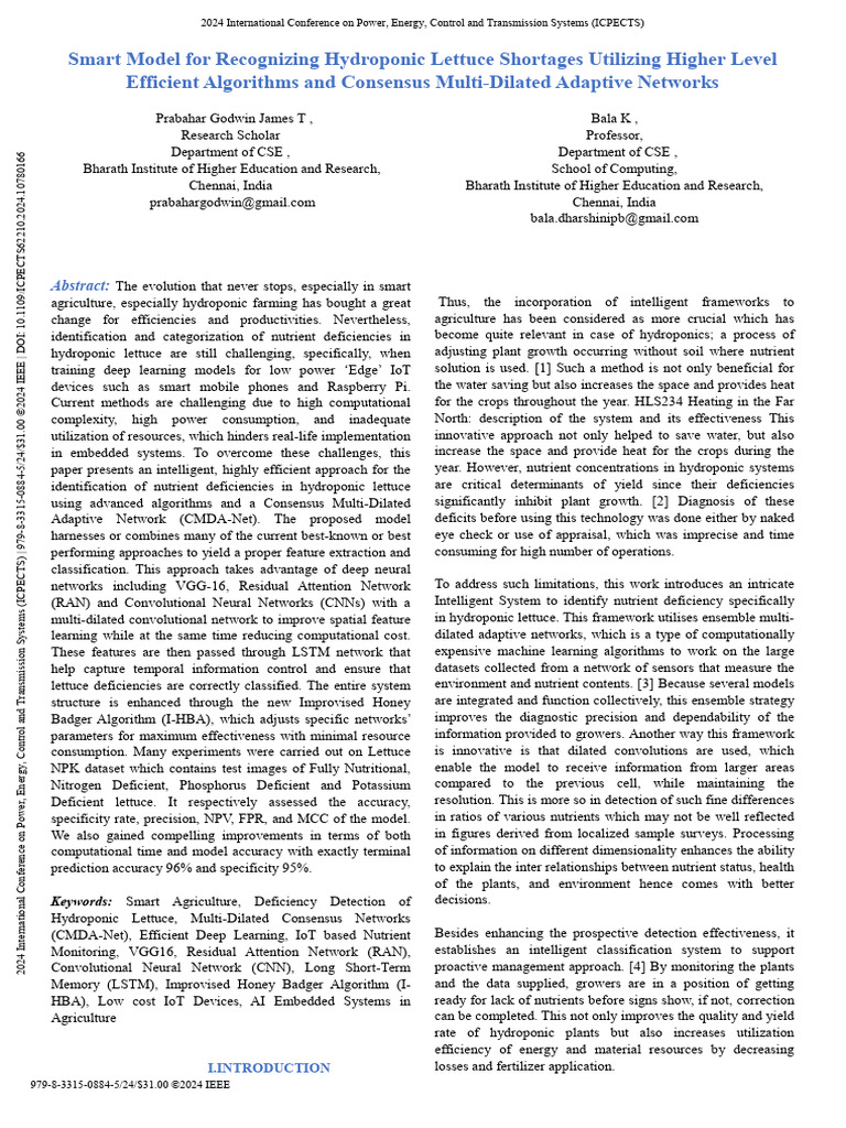 Smart Model For Recognizing Hydroponic Lettuce Shortages Utilizing Higher Level Efficient ...