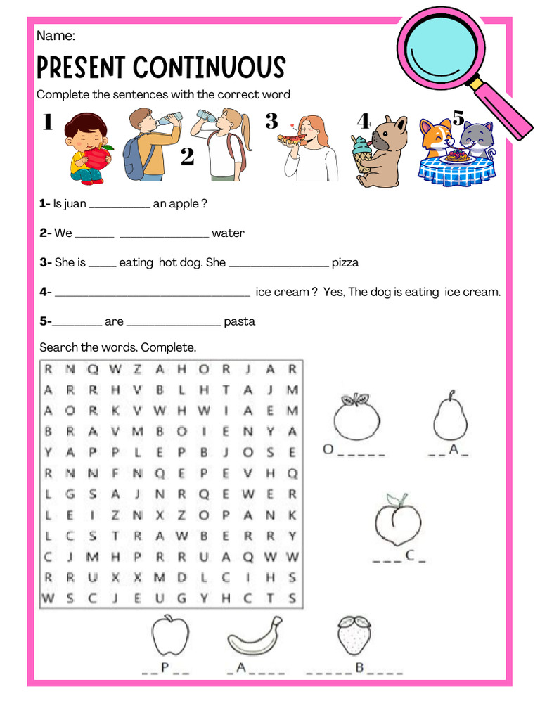 Present Continuous Worksheet in Yellow Pink Retro Style | PDF