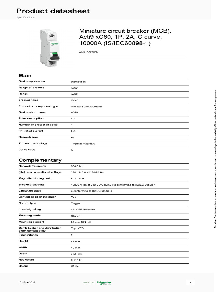 Acti9 xC60 MCB 2A Datasheet | PDF | Alternating Current | Electricity