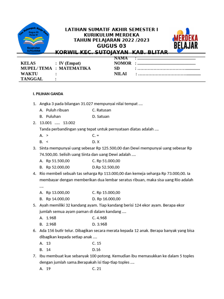 Latihan Sas I Matematika Kelas Iv | PDF
