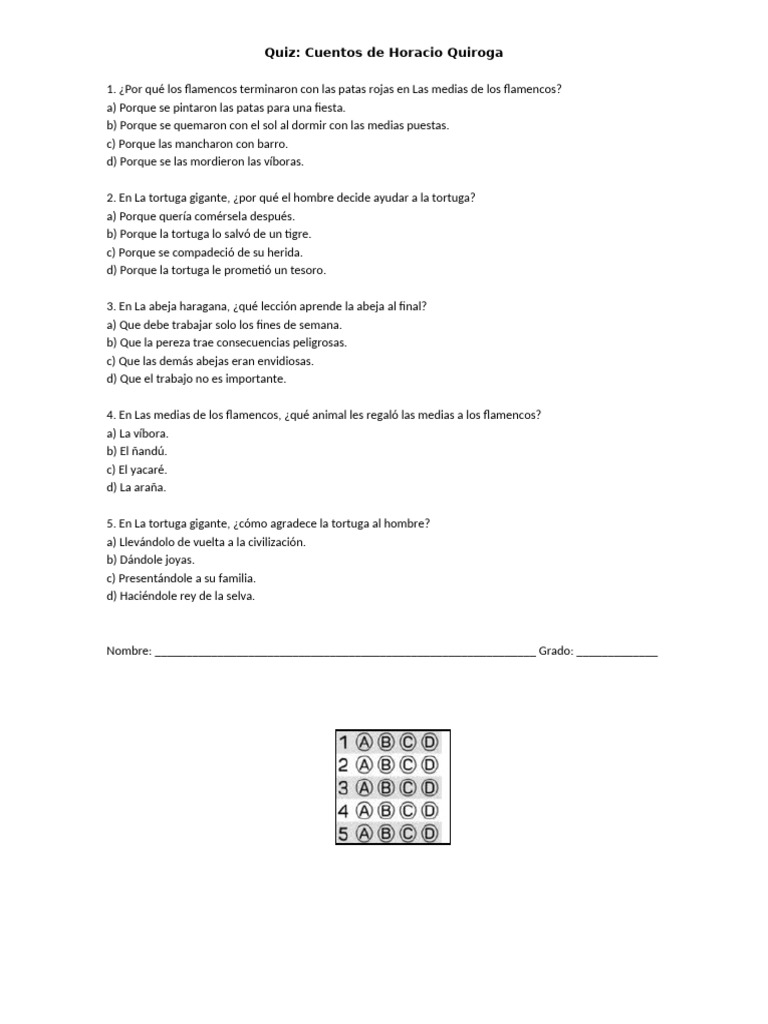 Quiz CUENTOS HORACIO QUIROGA | PDF
