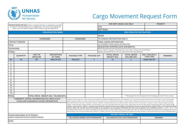 WFP UNHAS Cargo Movement Request Form | PDF | Dangerous Goods | Cargo