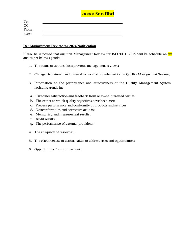 2024 ISO 9001 Management Review Agenda | PDF