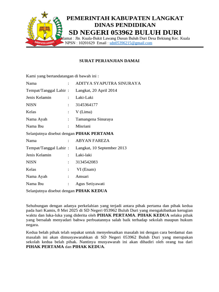 Surat Perjanjian Damai Siswa Dan Surat Pernyataan | PDF