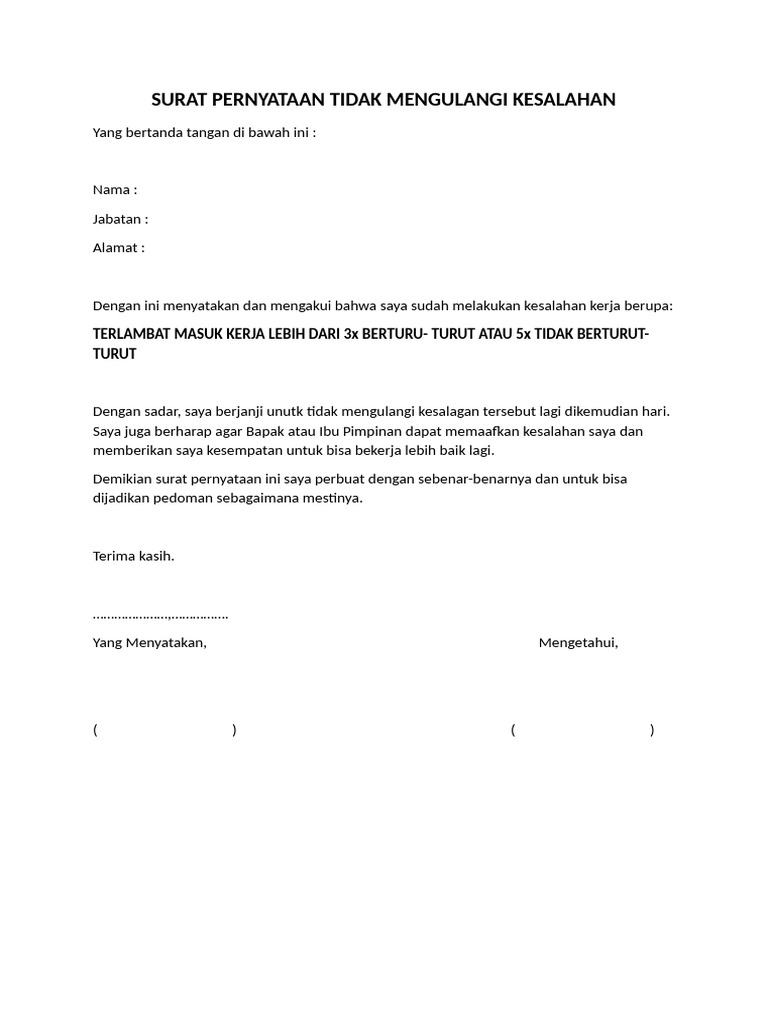 Surat Pernyataan Tidak Mengulangi Kesalahan | PDF