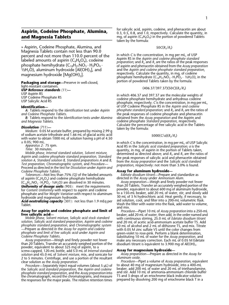 Aspirin, Codeine Phosphate, Alumina, and Magnesia Tablets | PDF | Magnesium | Aspirin