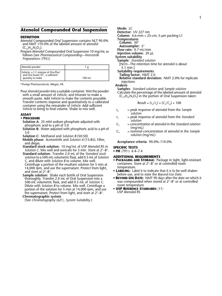 Atenolol Compounded Oral Suspension | PDF | Chromatography | Chemistry