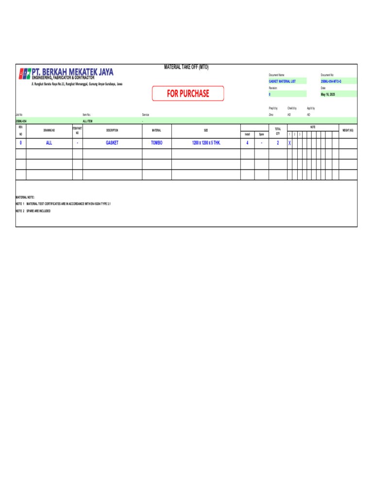 25BMJ-054-MTO-G-Rev - 0 (Gasket Tombo All) | PDF