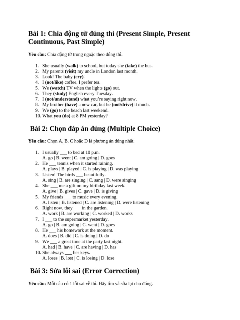 BT trộn thì HTD, HTTD, QKD | PDF