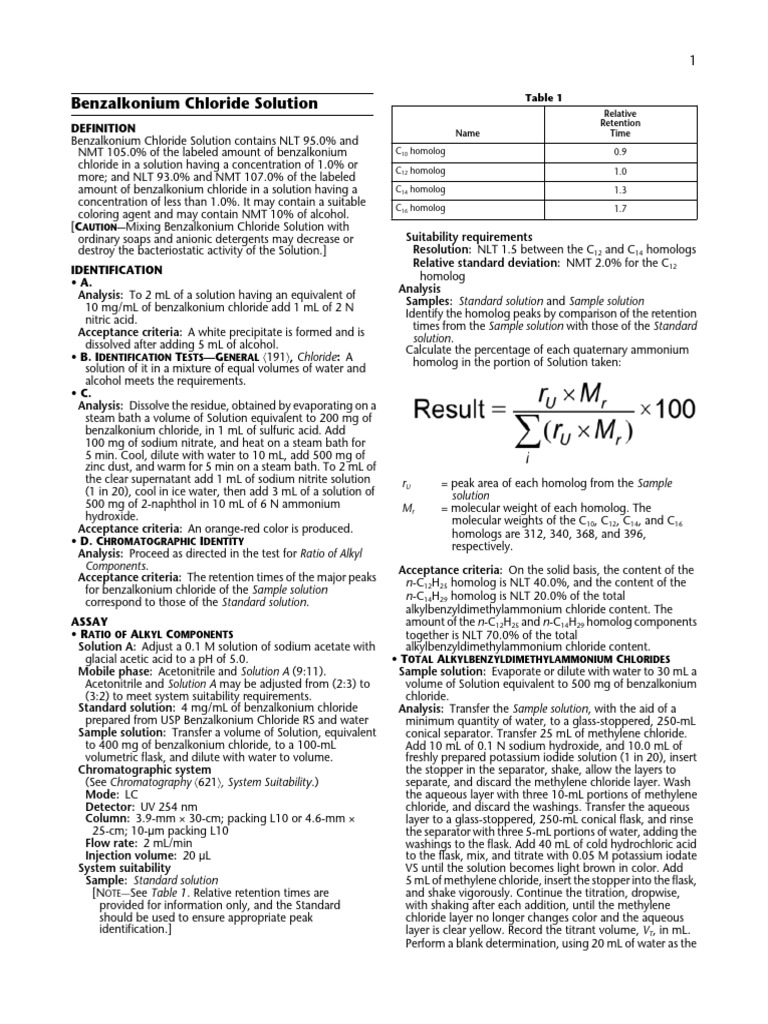 Benzalkonium Chloride Solution Analysis | PDF | Chromatography ...