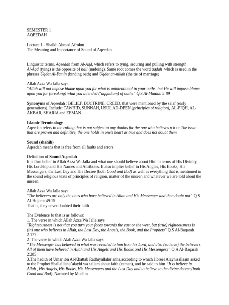 Lecture 1 - Aqeedah (29 Agustus 2024) | PDF | Prophets And Messengers In Islam | God In Islam