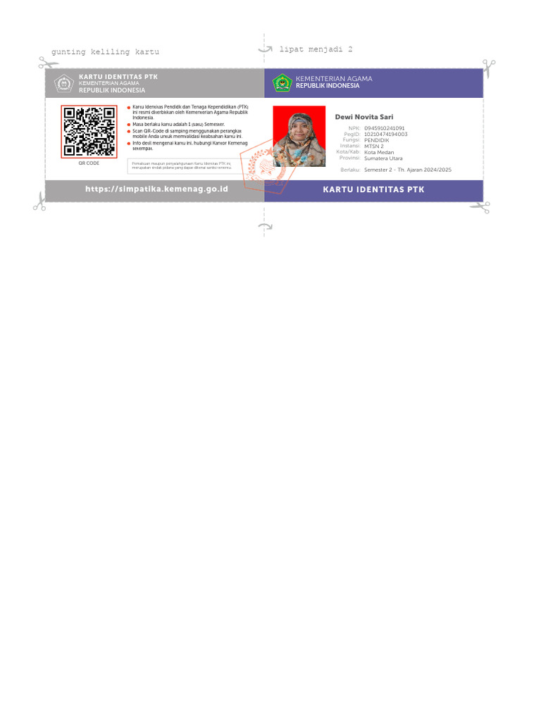 simpatika - Kemenag.go - Id Kartu Identitas PTK: Lipat Menjadi 2 Gunting Keliling Kartu | PDF