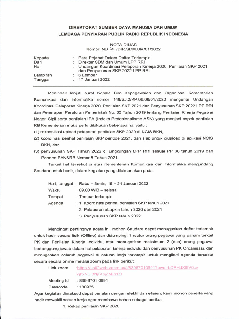 Dir Sdmu - Undangan Koordinasi Pelaporan Kinerja 2020 Penilaian SKP 2021 Dan Penyusunan SKP 2022 ...