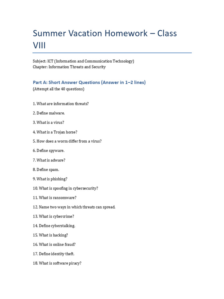 Class VIII ICT Holiday Homework | PDF