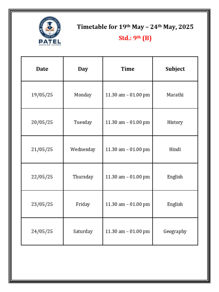 Timetable For 19 May - 24 May, 2025: STD.: 9 (B) | PDF