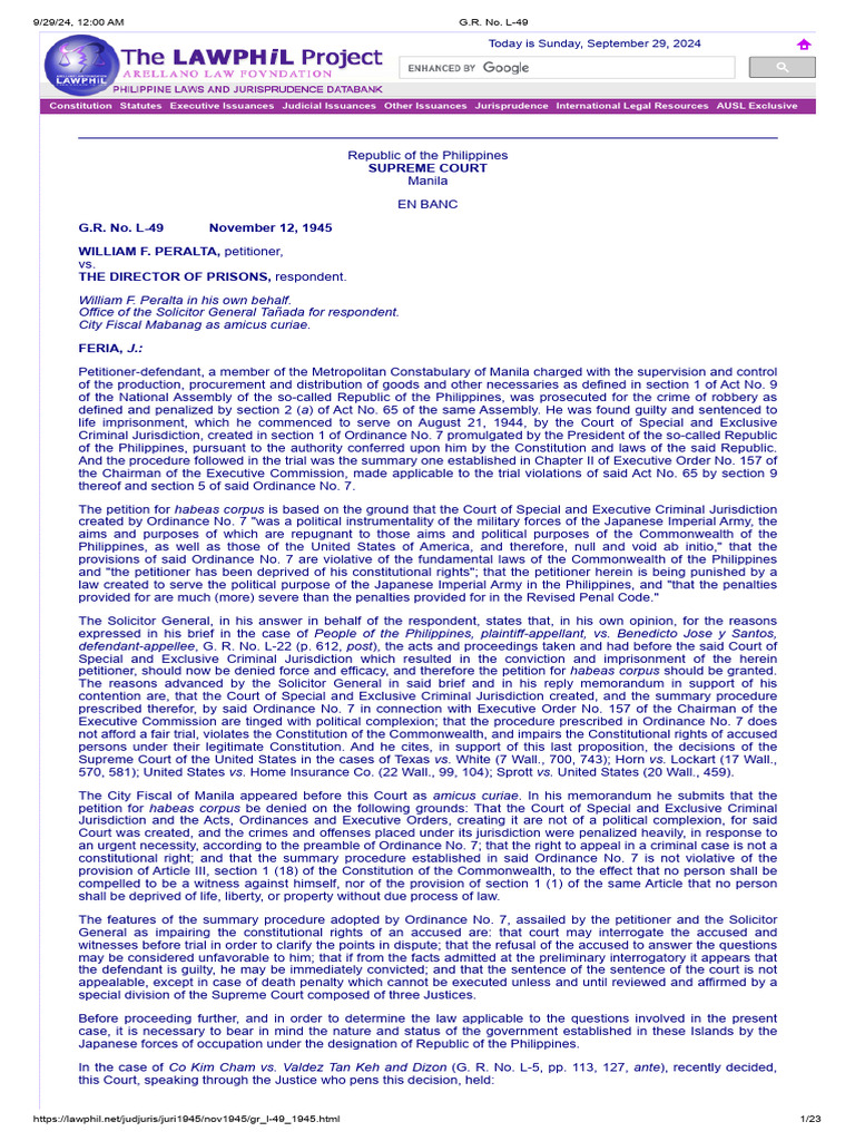 4 - Peralta vs. Director of Prisons, (75 Phil. 285) | PDF | Crime ...