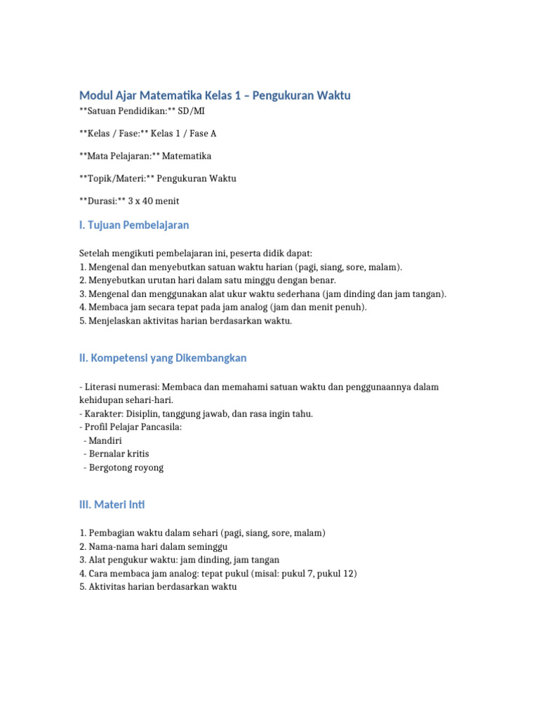 Modul Ajar Matematika Kelas1 Pengukuran Waktu | PDF