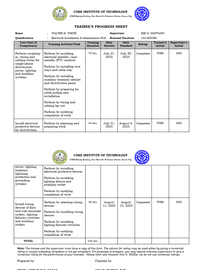 5casas - Trainee - S Progress Sheet | PDF | Electrical Wiring | Wire