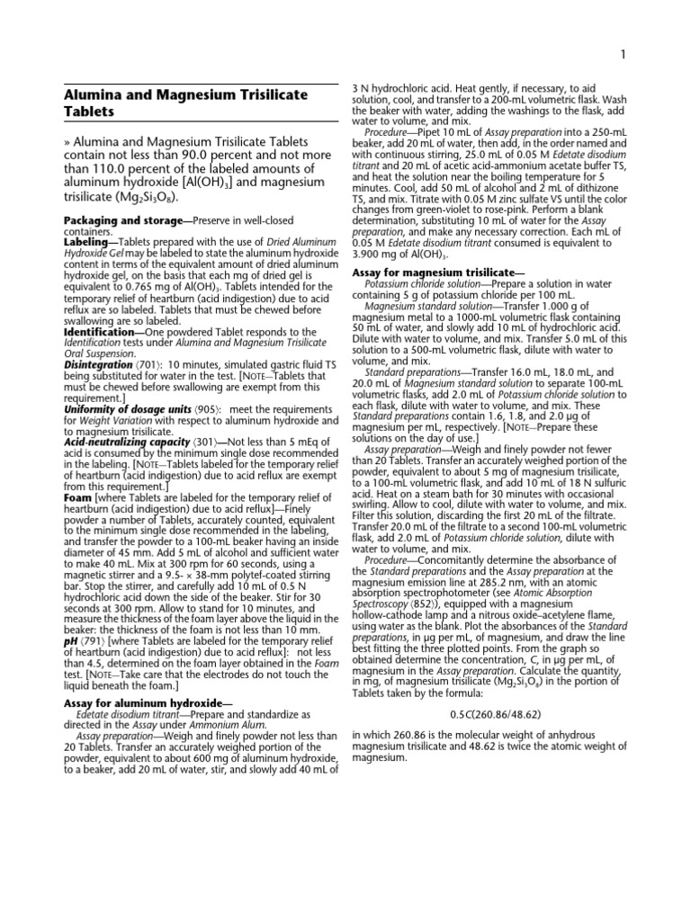 Alumina and Magnesium Trisilicate Tablets | PDF | Magnesium | Tablet ...
