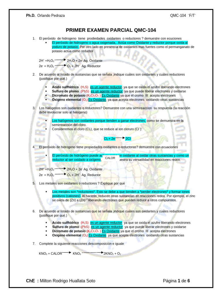Solo Teorica Solved Exams of The First Part QMC-104 | PDF | Redox | Ácido