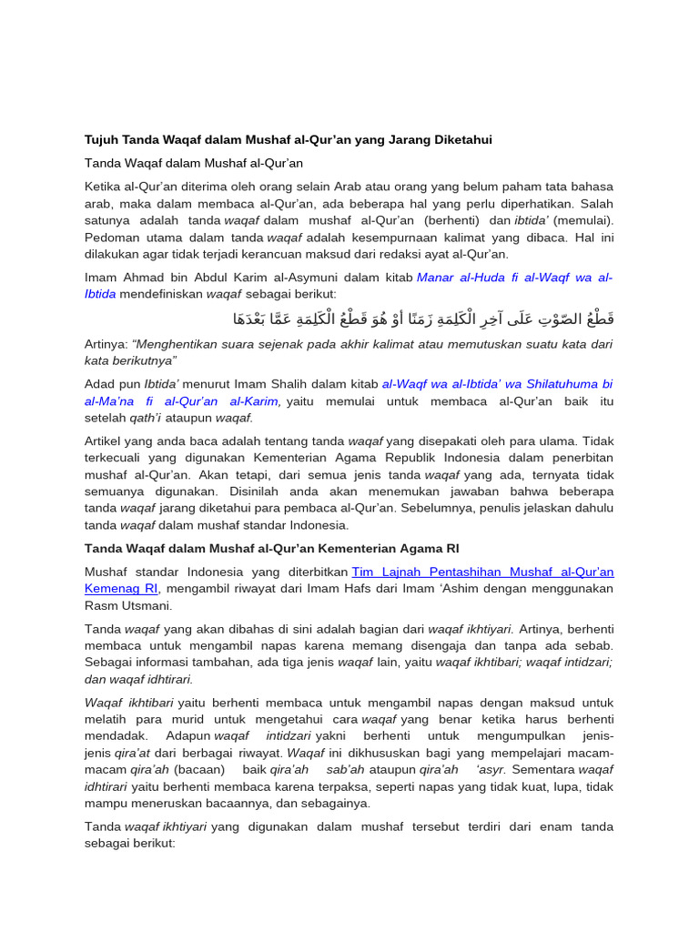 Tujuh Tanda Waqaf Dalam Mushaf Al Quran | PDF
